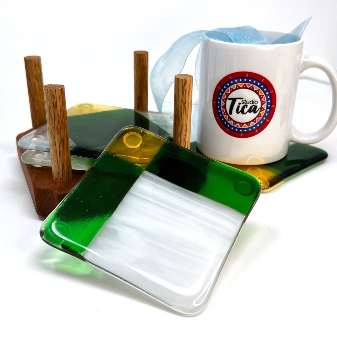 Studiotica Green and Gold Glass Drink Coaster and Optional Lighted Wood ...