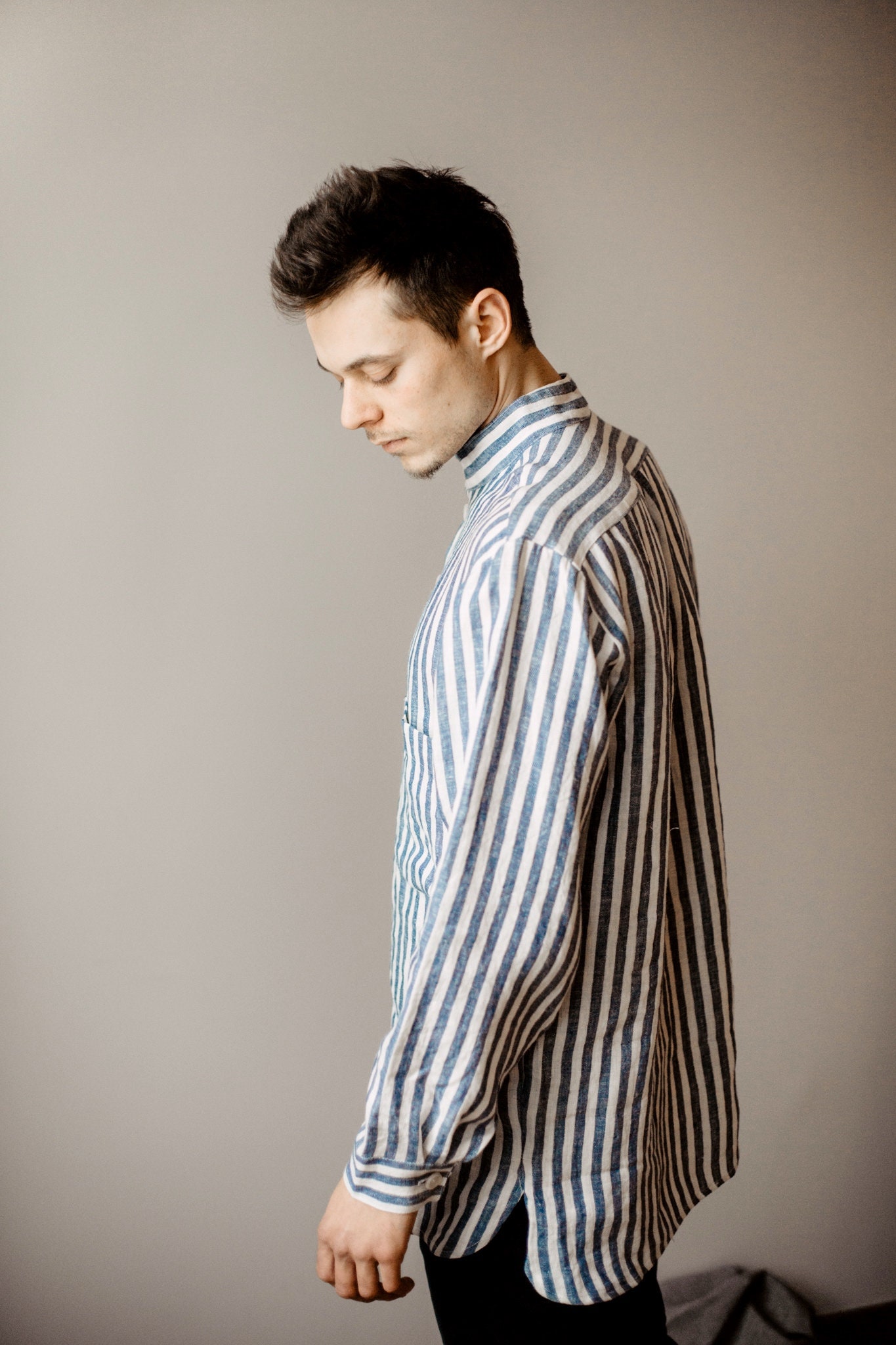 Mens Linen Shirt Mens No Collar Linen Shirt Men's Summer Shirt Long ...