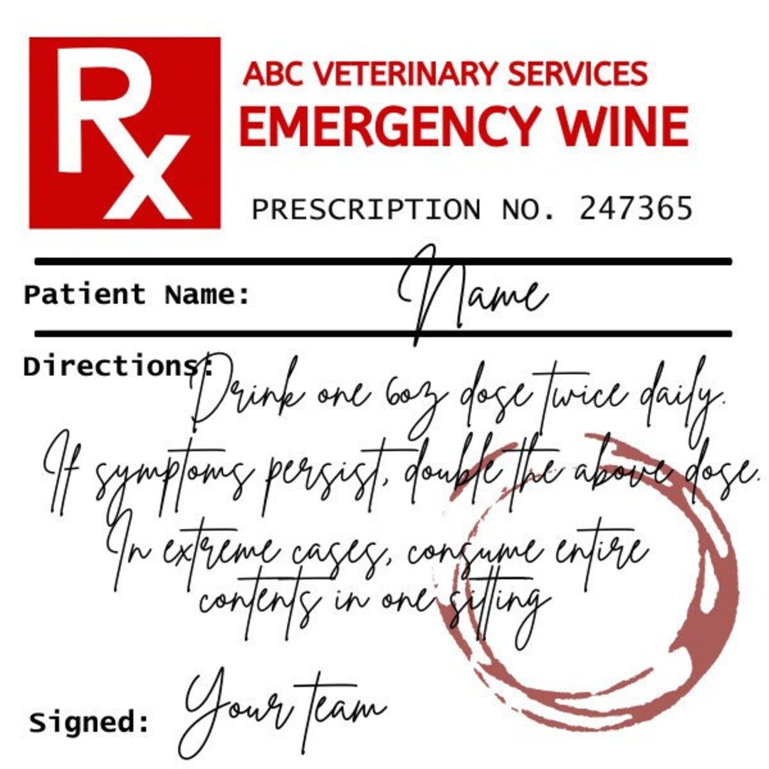 Custom Prescription Wine Labels, for Animal Lovers Gift, for Veterinary ...