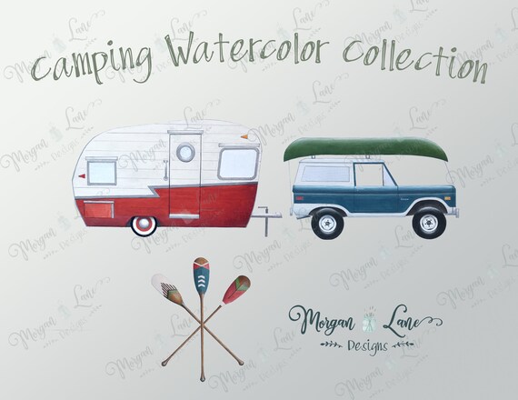 Watercolor Camping Clipart Bronco Canoe Camper Paddles - Etsy