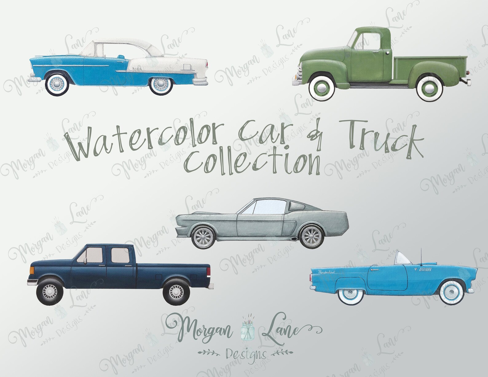 Watercolor Transportation Clipart, Vintage Belair, Thunderbird, Mustang ...