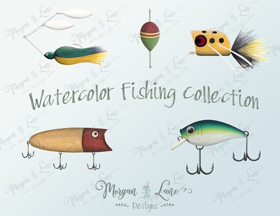Watercolor Fishing Clipart Lures PNG Digital Download for - Etsy