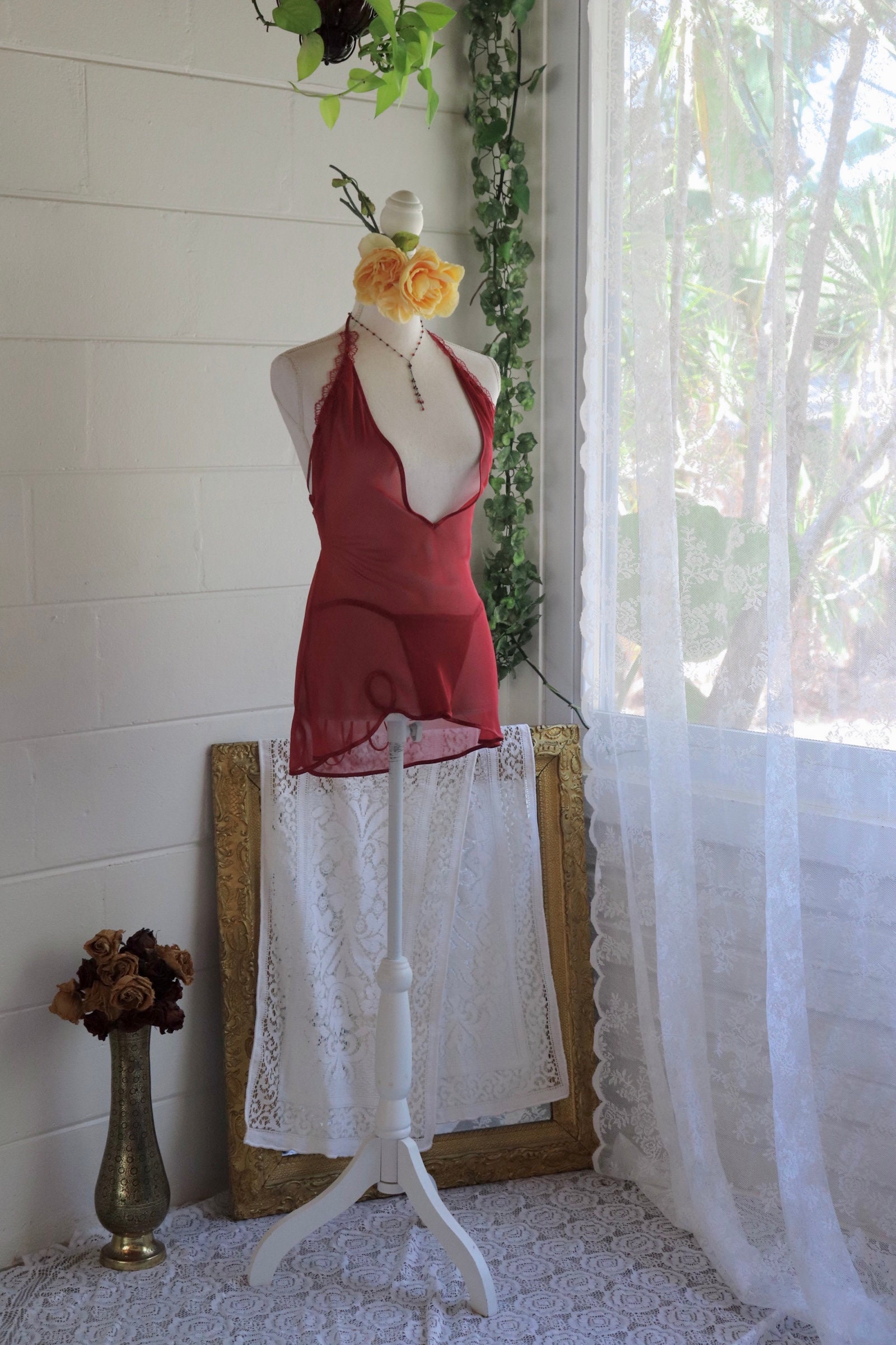 Vintage Victorias Secret Slip Dress 1990s to Y2K Sheer Lace up Open ...