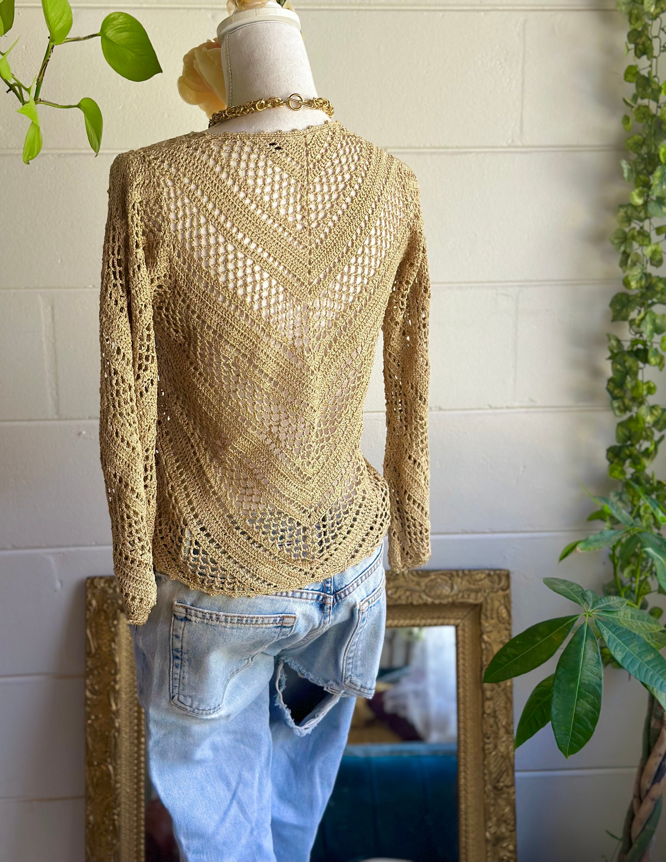 Vintage Crochet Top 1990s to Y2K Gold Open Knit Sweater Macrame Shirt ...