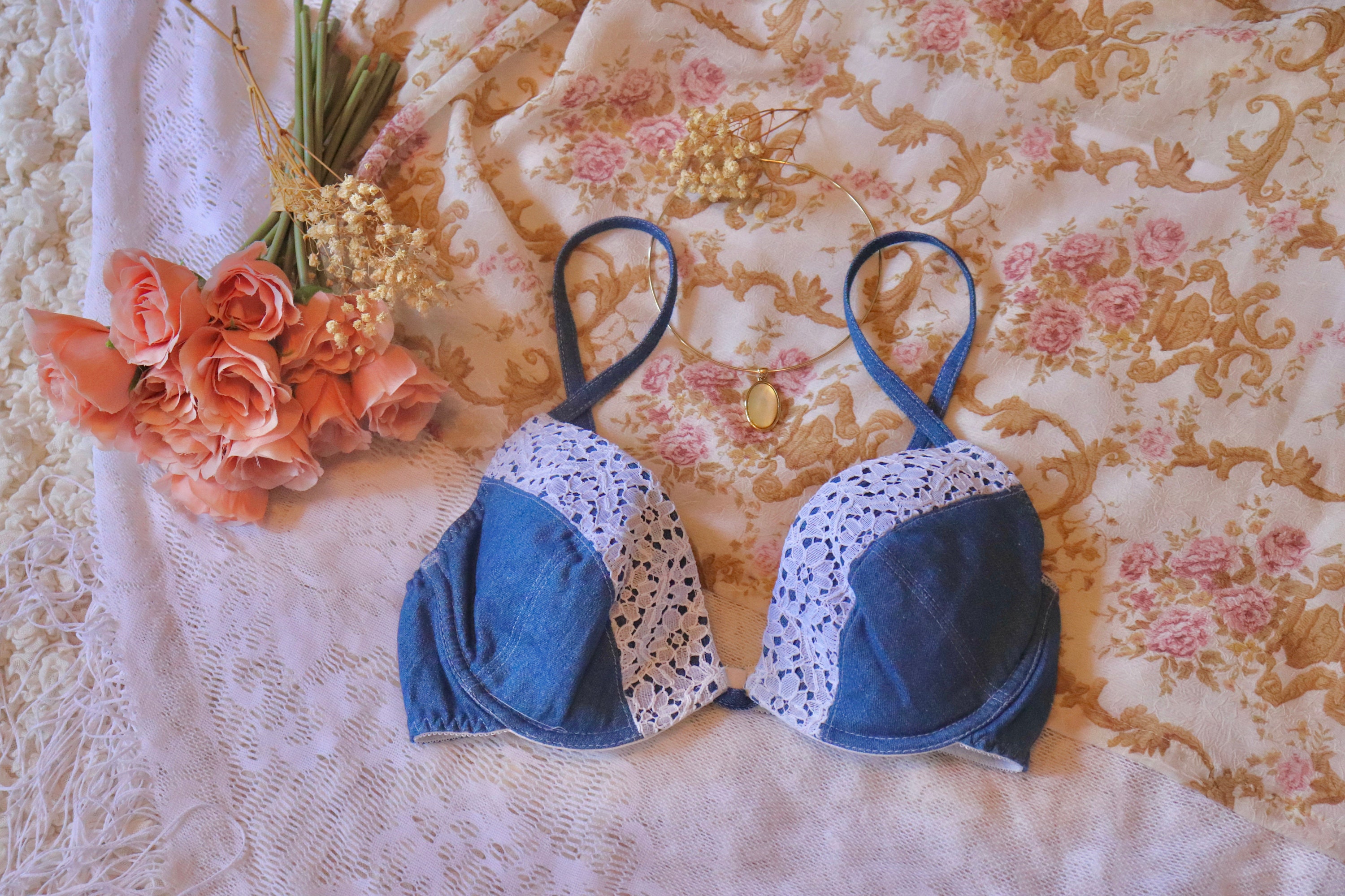 Vintage Denim Bra 1990s Lingerie White Floral Lace Medium Wash Denim ...