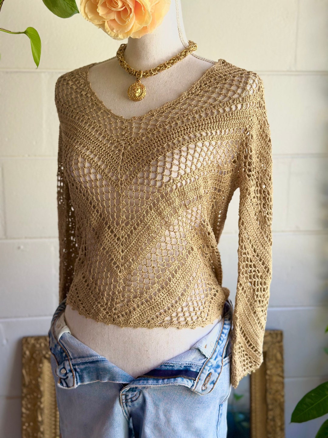 Vintage Crochet Top 1990s to Y2K Gold Open Knit Sweater Macrame Shirt ...