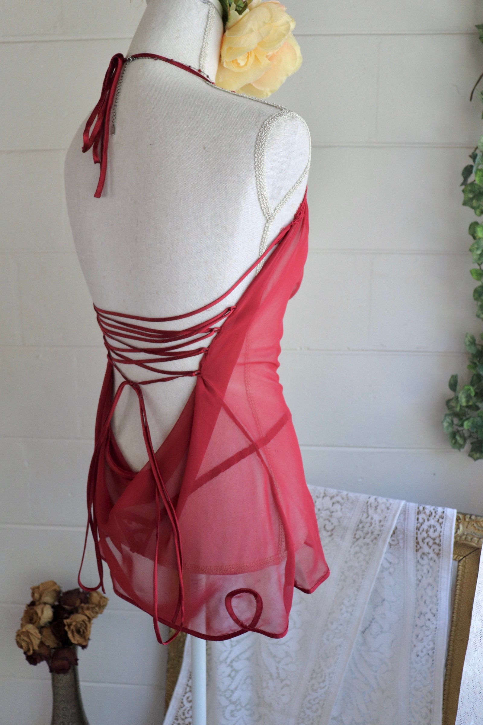 Vintage Victorias Secret Slip Dress 1990s to Y2K Sheer Lace up Open ...