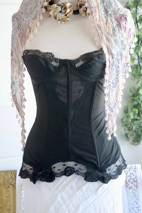 Vintage Corset Bustier - 1960s to 1970s - Black Lace … - Gem