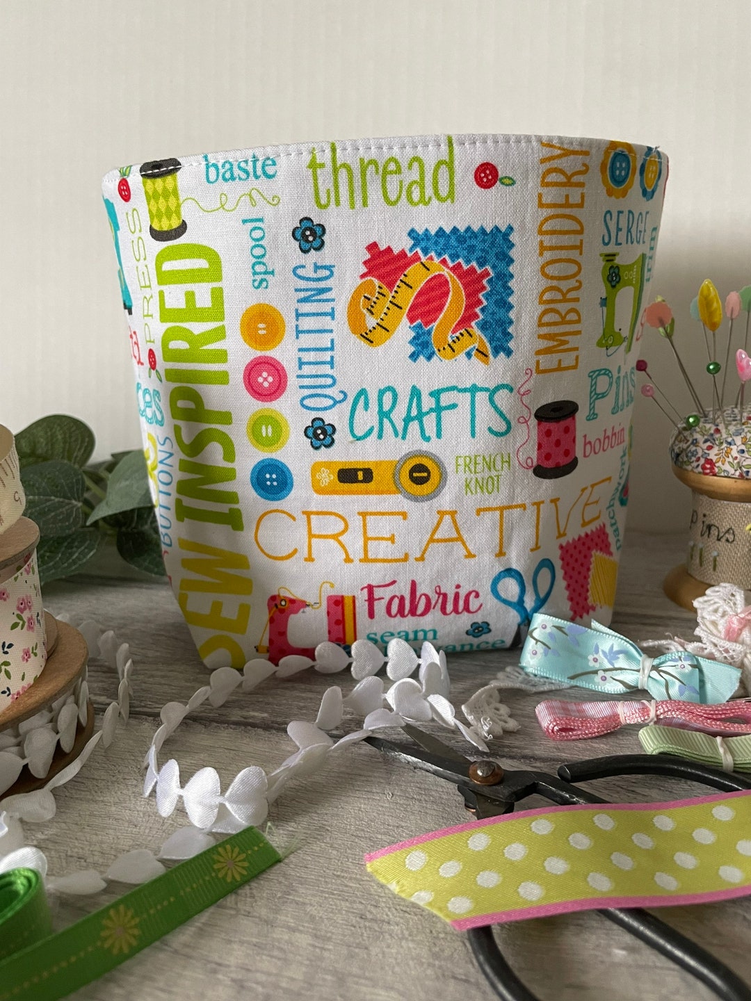 Sewing Machine Themed Fabric Basket, Craft Storage Basket, Thread ...