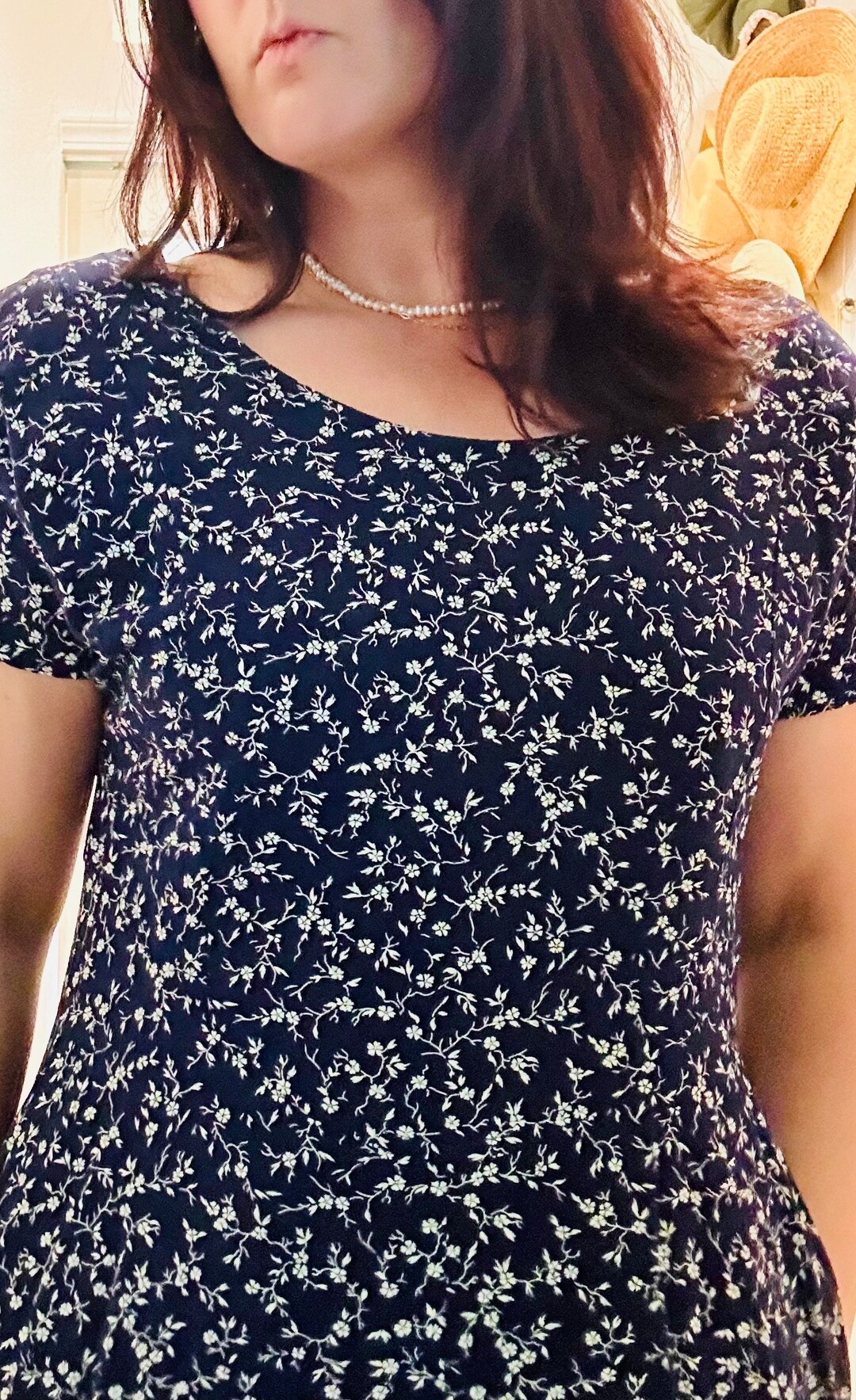 Vintage Ivory and Blue Floral 1990s Short Sleeve Flowy Dress With ...