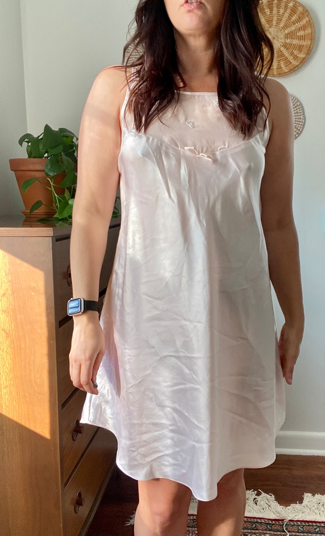 Vintage Pale Pink Dentelle Sleeveless Mesh and Heart Appliqué Nightie ...