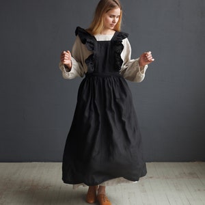 Black Long Vintage Apron, Linen Pinafore With Wings, Linen Apron, Victorian Maids Apron ...