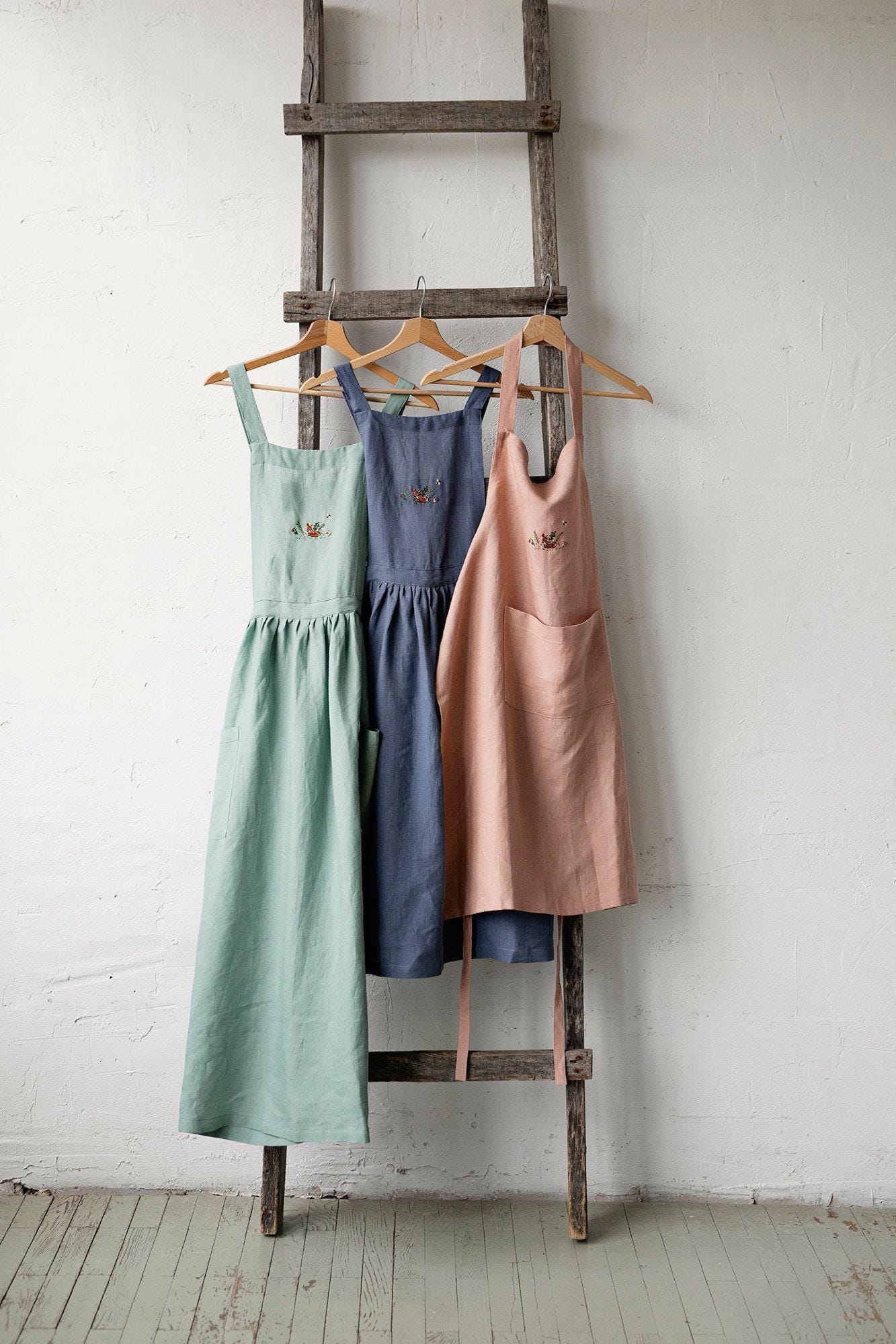 Linen Cooking Apron, Dusty Rose, Hand Embroidered (one Size) - Etsy
