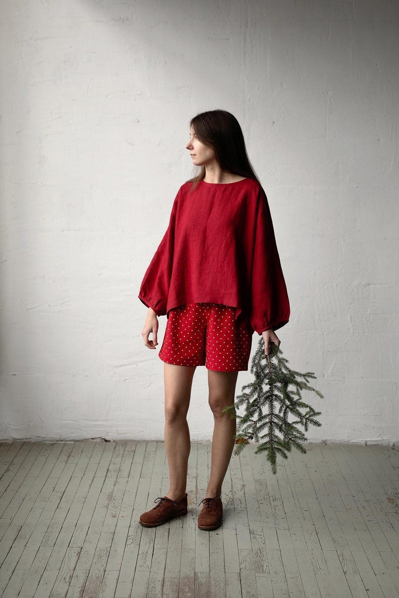 Tunica in lino color ciliegia: camicetta oversize in stile kimono ...