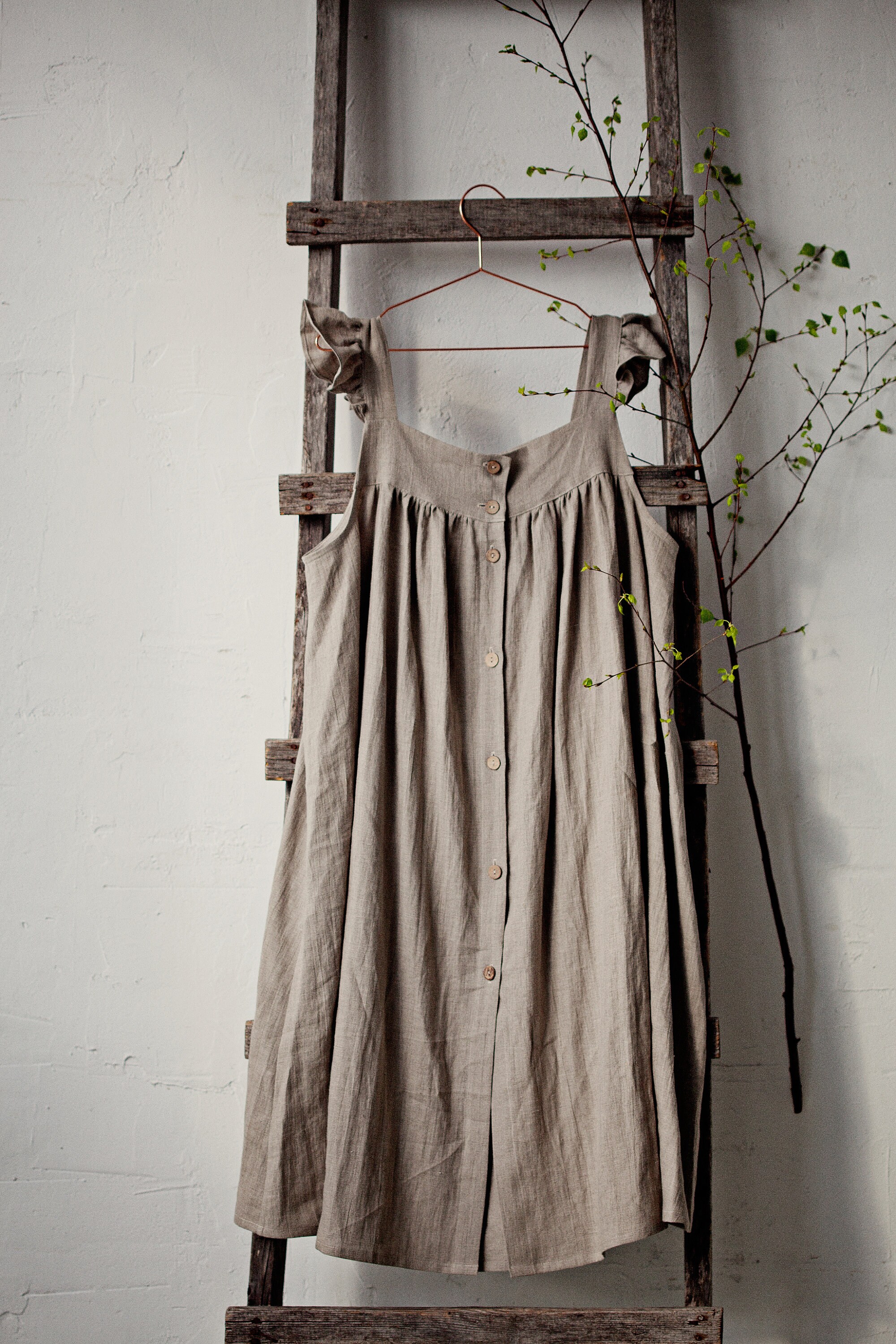 Natural Prairie Dress Linen Dress With Flutter Sleeves | Etsy