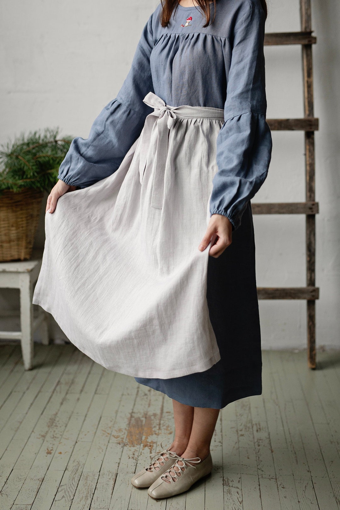 Fog Grey Apple Apron, Cottagecore Apron, Linen Skirt, Cooking Apron ...
