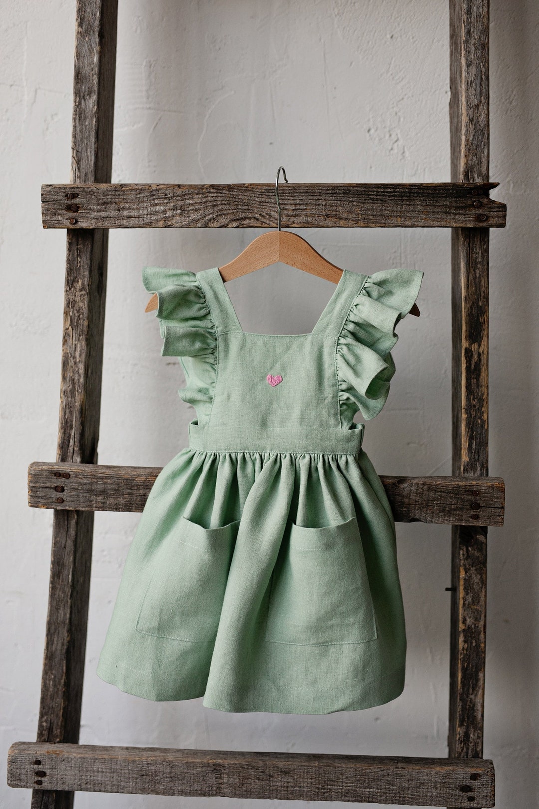 Green Tea Cross Back Pinafore With Wings, Linen Pinafore, Different ...