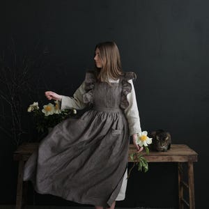 Brown Stripe Long Vintage Apron, Linen Pinafore With Wings, Linen Apron, Victorian Maids Apron ...