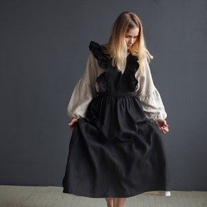 Black Long Vintage Apron, Linen Pinafore With Wings, Linen Apron, Victorian Maids Apron ...
