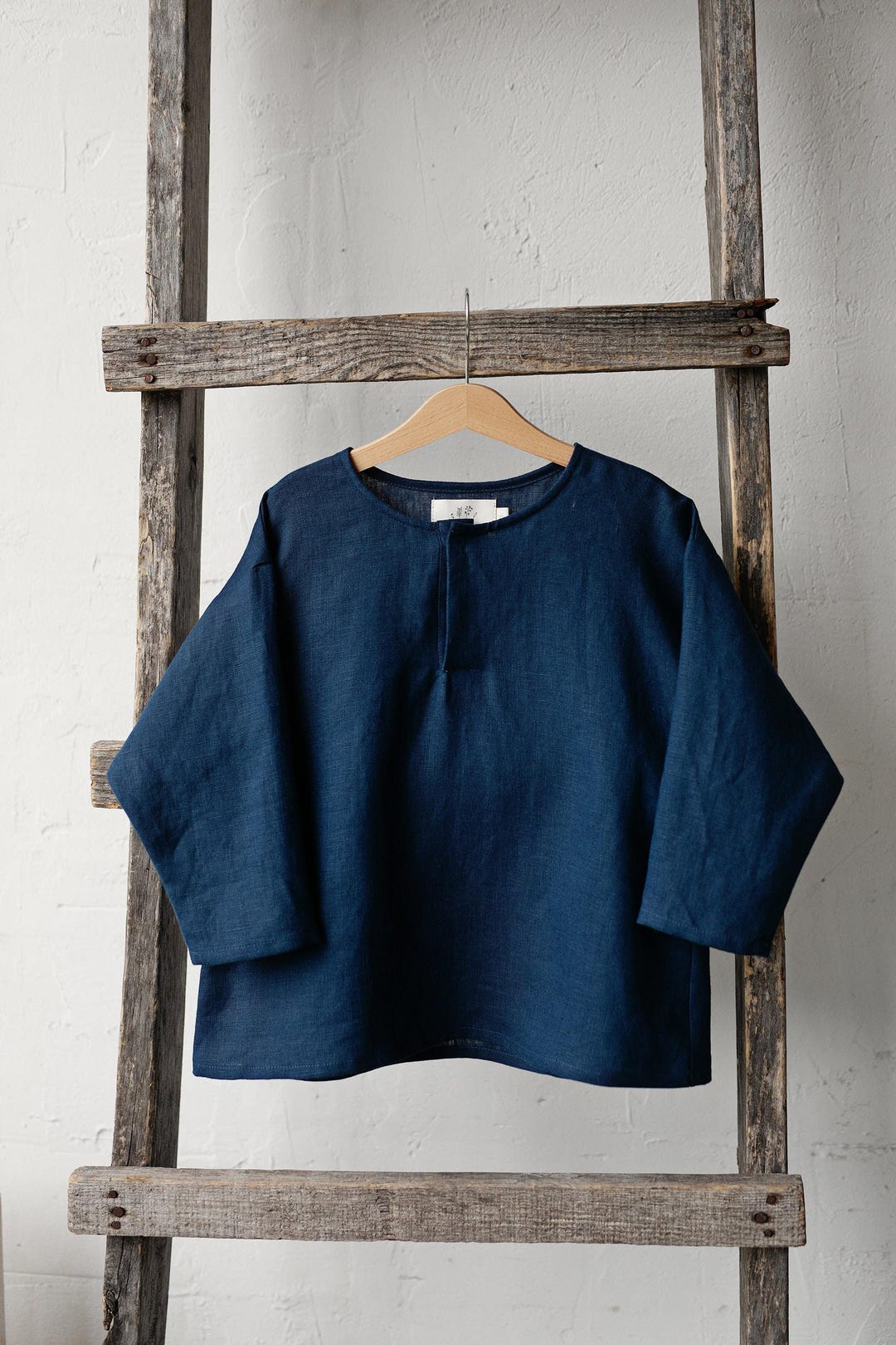 Navy Blue Linen Shirt: Embroidered V-neck, Unisex Kids - Etsy