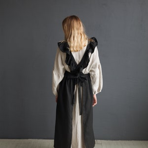 Black Long Vintage Apron, Linen Pinafore With Wings, Linen Apron, Victorian Maids Apron ...