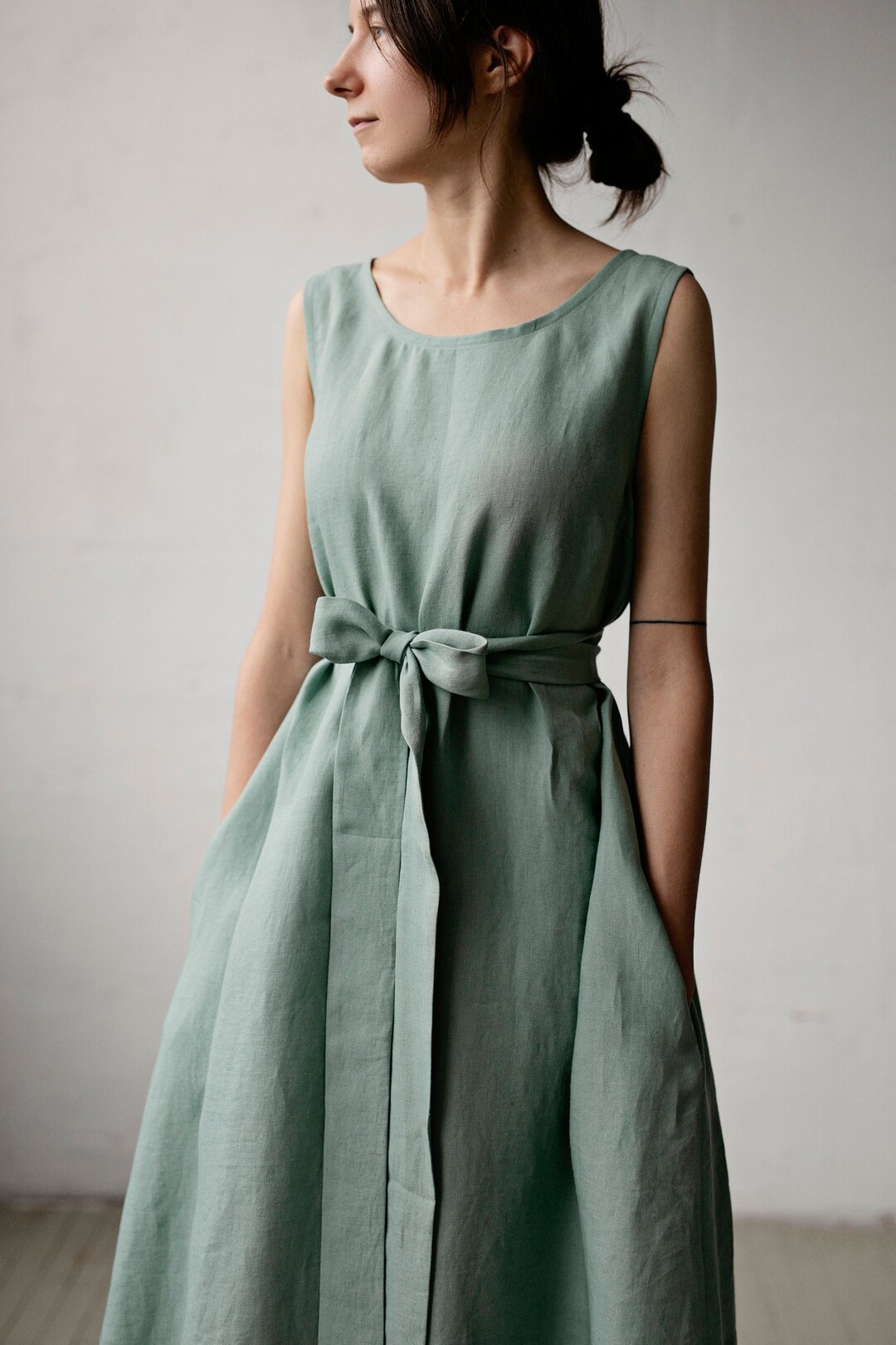 Mint Sleeveless Dress, Linen Dress, A Line Linen Dress, A Line Dress ...