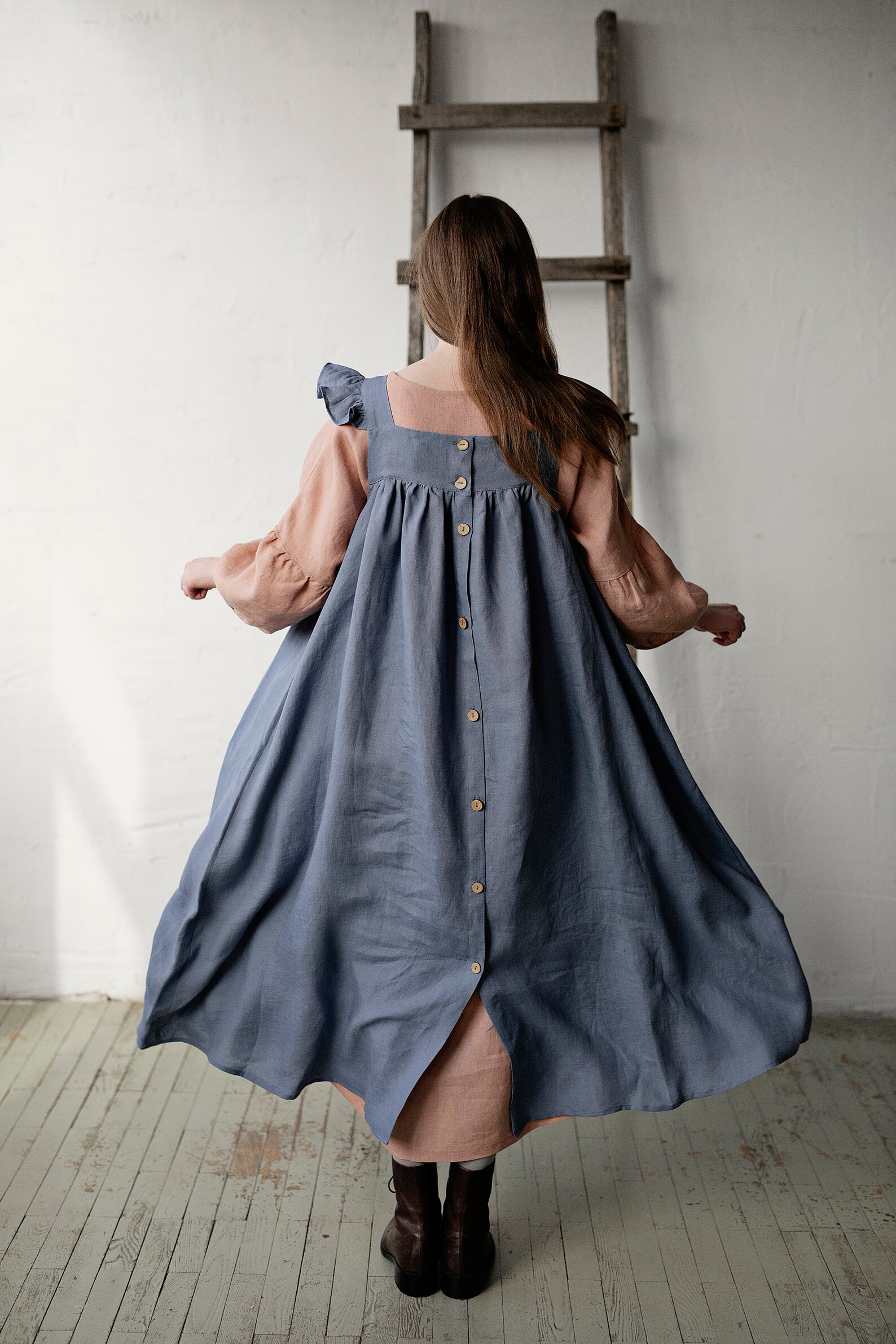 Dusty Blue Prairie Dress Linen Dress With Flutter Sleeves - Etsy