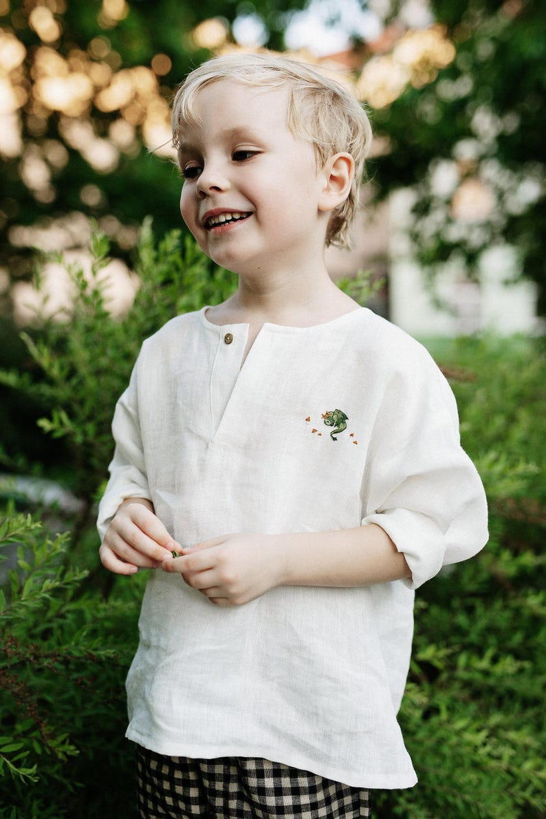 Embroidered White Linen Shirt: Long Sleeve V Neck Kids Unisex Top - Etsy