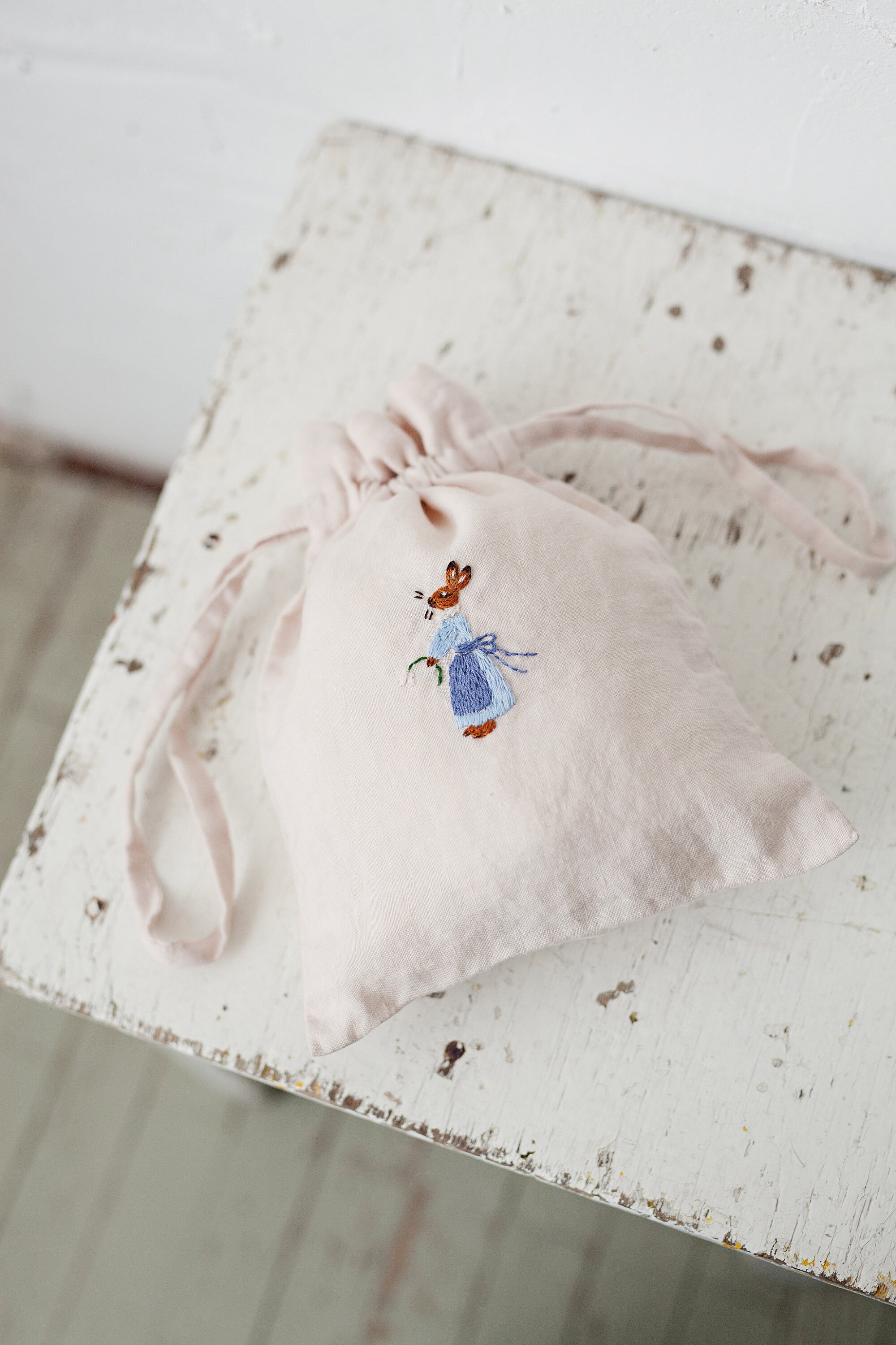 Linen Pouch Bag Different Colours Rabbit Girl Embroidery | Etsy