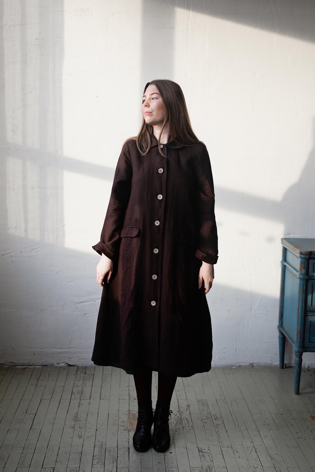 Chocolate Classic Linen Coat, Linen Coat for Women, Hand Embroidery, A ...