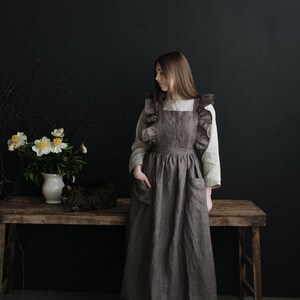 Brown Stripe Long Vintage Apron, Linen Pinafore With Wings, Linen Apron, Victorian Maids Apron ...