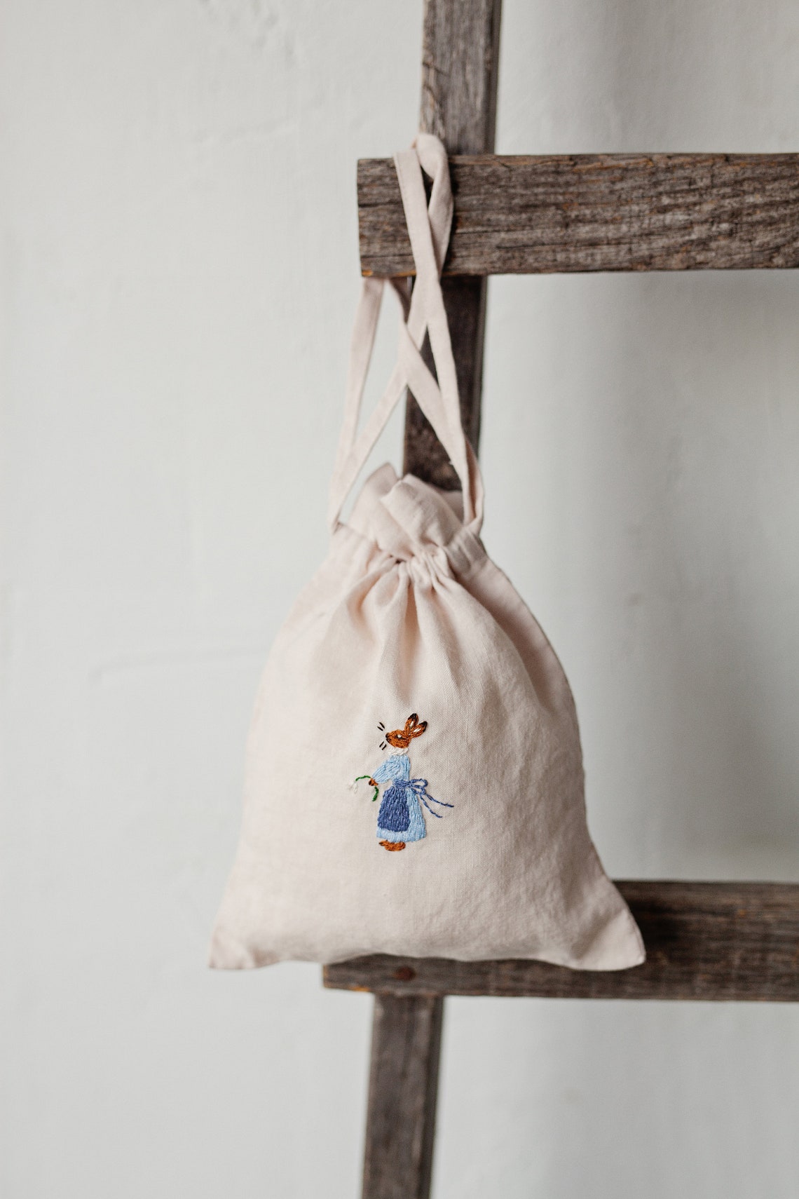 Linen Pouch Bag Different Colours Rabbit Girl Embroidery | Etsy