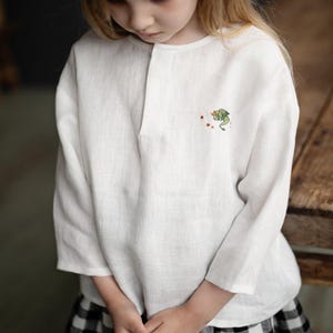 Embroidered White Linen Shirt: Long Sleeve V Neck Kids Unisex Top - Etsy