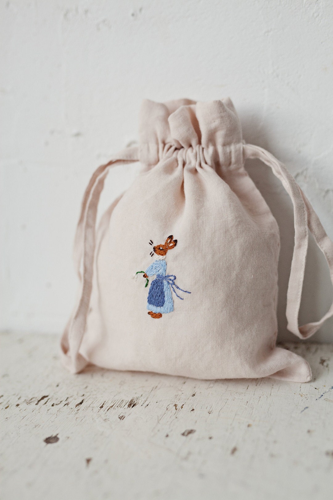 Linen Pouch Bag Different Colours Rabbit Girl Embroidery - Etsy