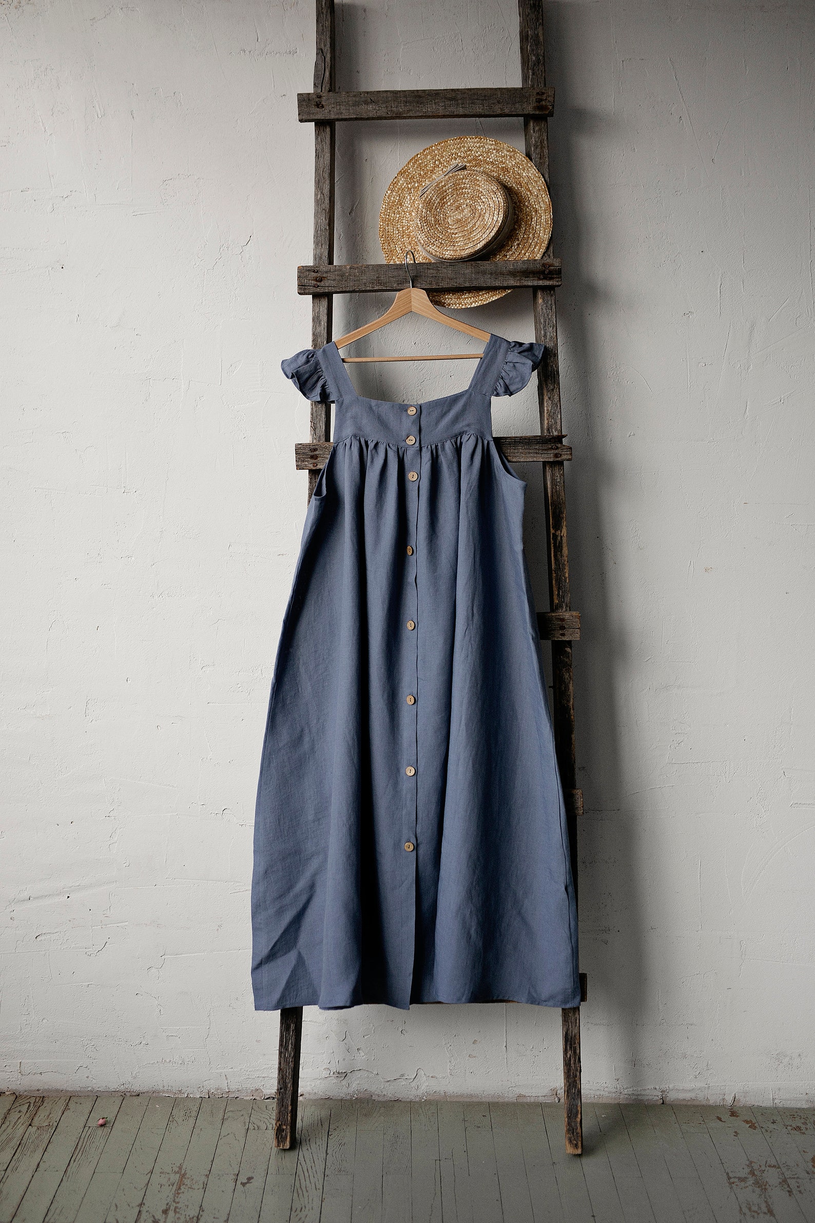 Dusty Blue Prairie Dress Linen Dress With Flutter Sleeves - Etsy
