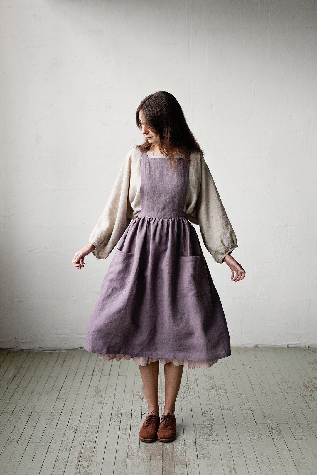 Mauve Midi Cross Back Pinafore, Linen Pinafore, Linen Apron, Cooking ...
