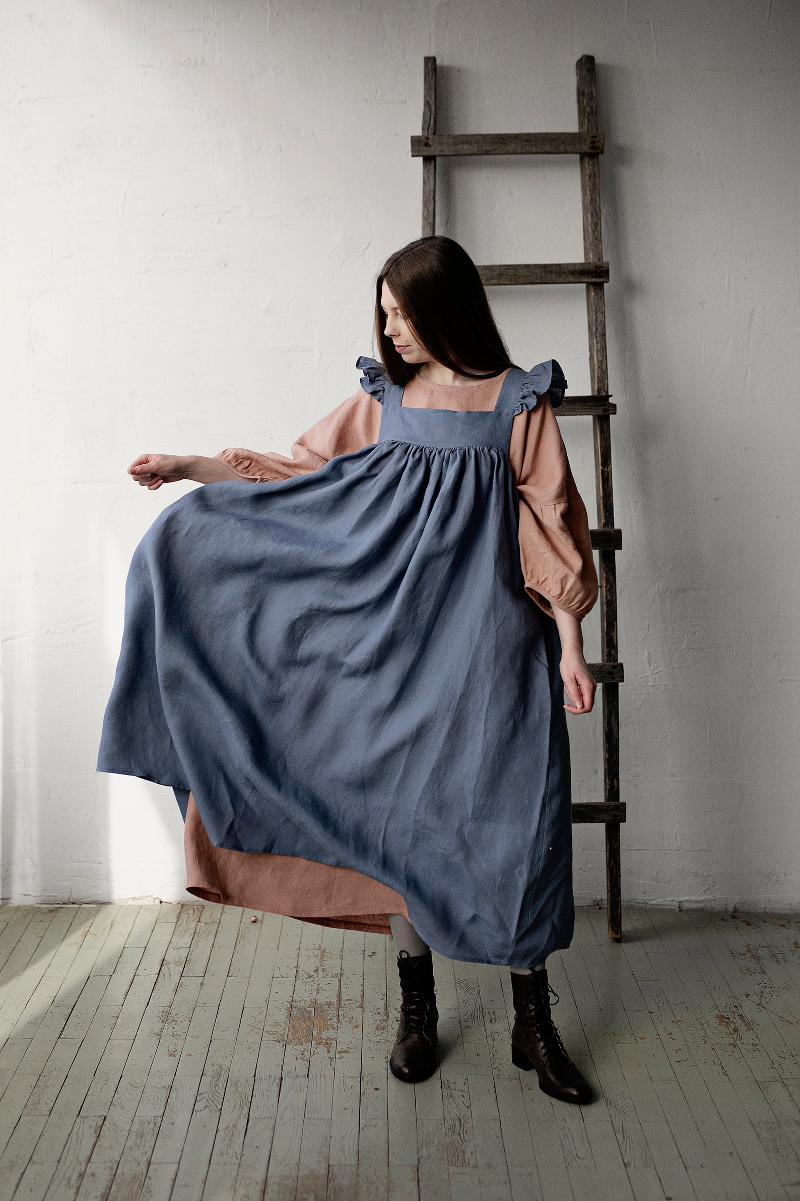 Dusty Blue Prairie Dress Linen Dress With Flutter Sleeves - Etsy