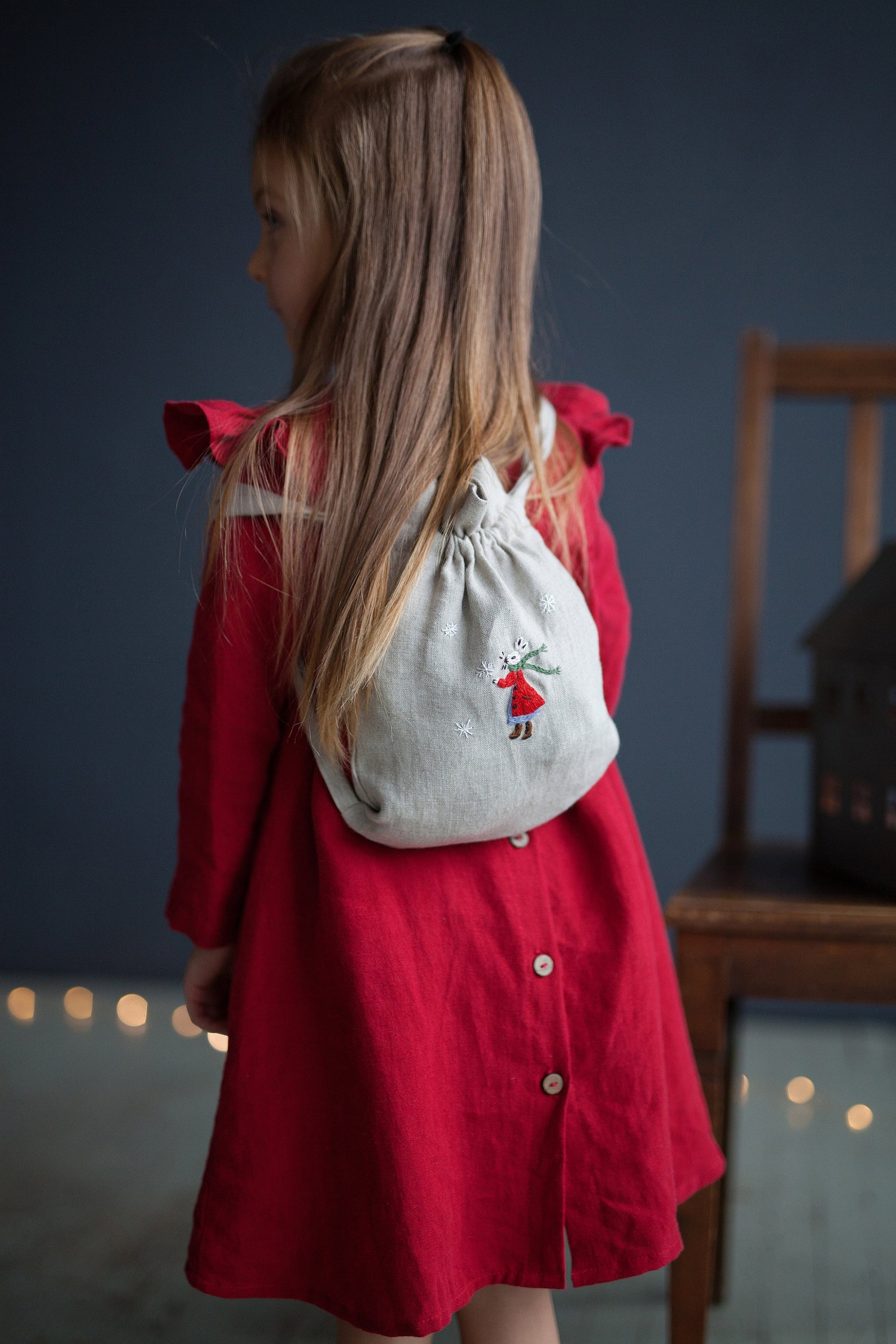Linen Kids Backpack: Christmas Rabbit Embroidery, Toy Bag - Etsy