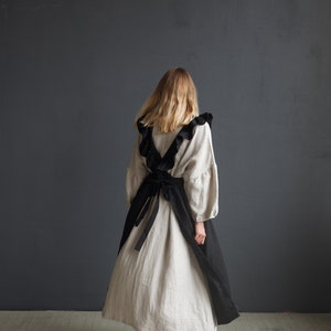 Black Long Vintage Apron, Linen Pinafore With Wings, Linen Apron, Victorian Maids Apron ...