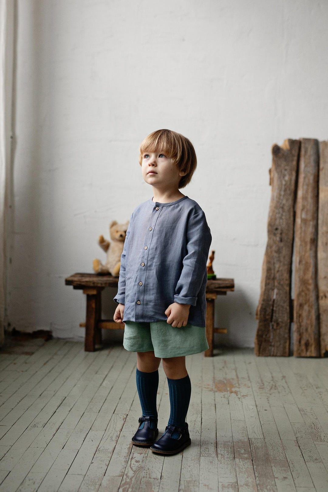 Dusty Blue Long Sleeve Classic Shirt, Different Embroideries, Linen ...
