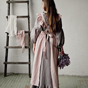 Baby Pink Long Vintage Apron, Linen Pinafore With Wings, Linen Apron, Victorian Maids Apron ...
