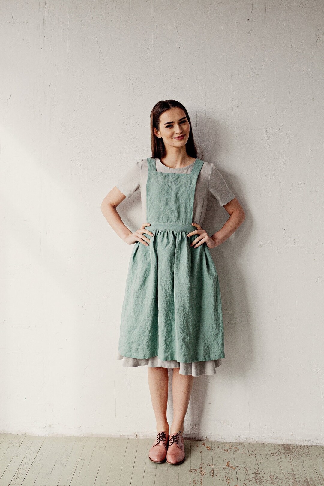 Mint Midi Cross Back Pinafore, Linen Pinafore, Linen Apron, Cooking ...