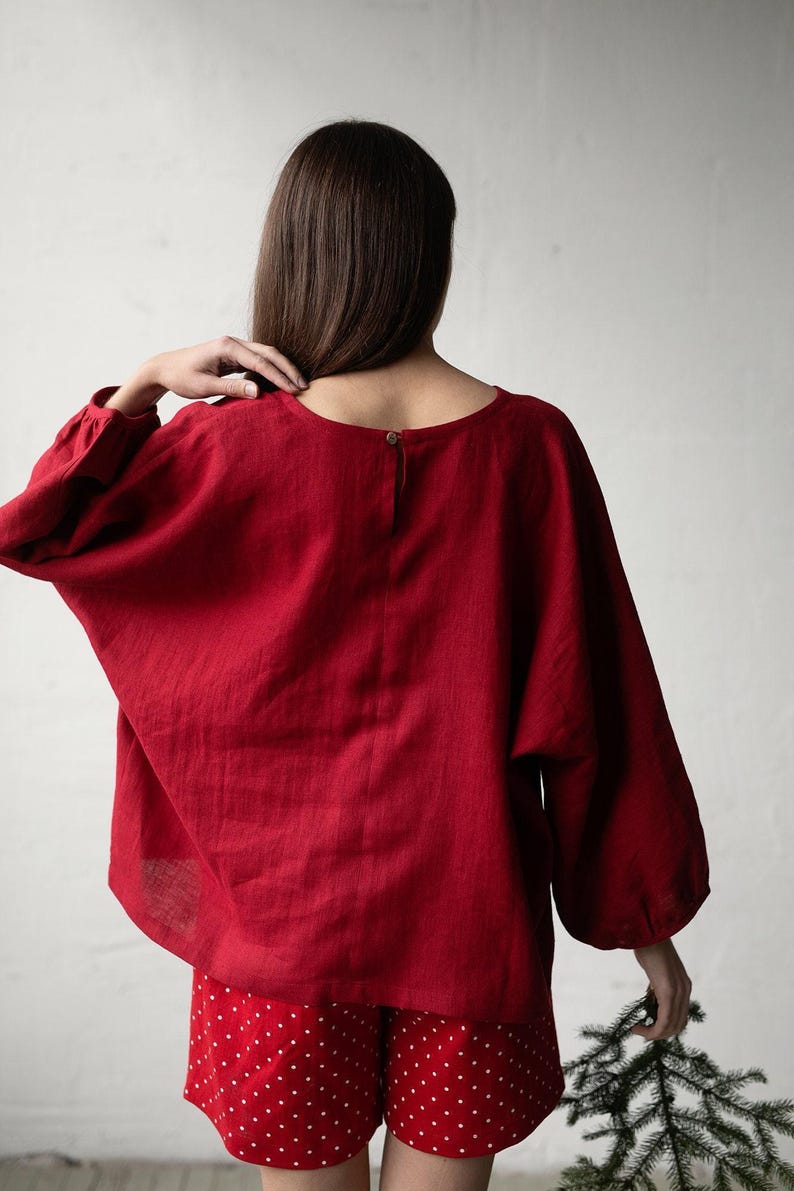 Tunica in lino color ciliegia: camicetta oversize in stile kimono ...