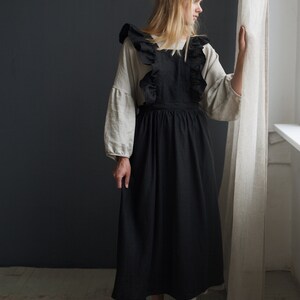 Black Long Vintage Apron, Linen Pinafore With Wings, Linen Apron, Victorian Maids Apron ...
