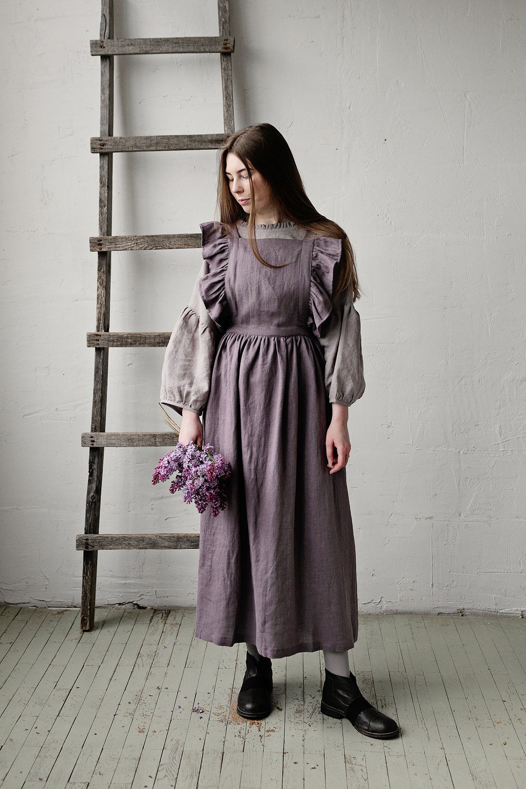 Mauve Long Vintage Apron, Linen Pinafore With Wings, Linen Apron, Victorian Maids Apron ...