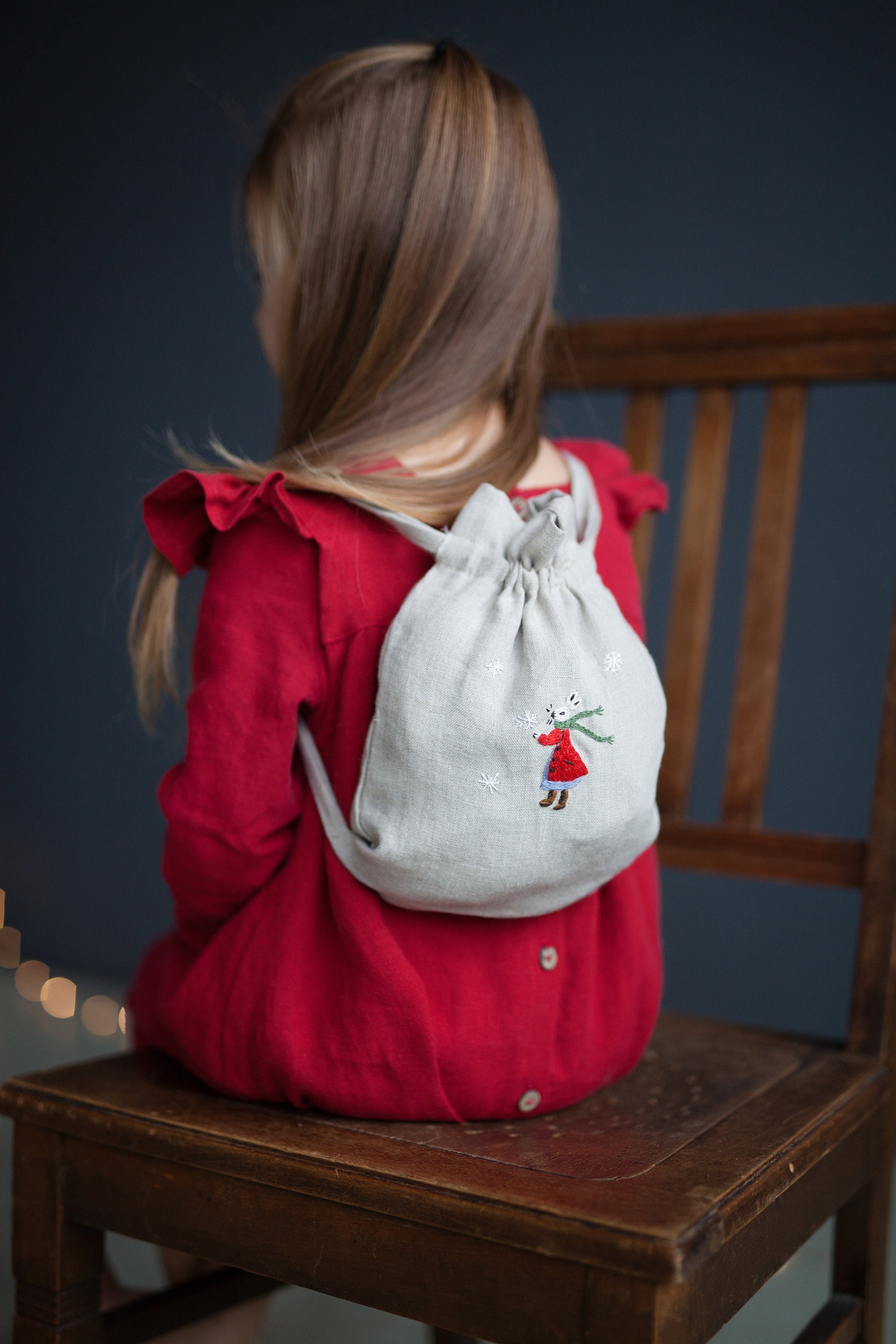 Linen Kids Backpack: Christmas Rabbit Embroidery, Toy Bag - Etsy