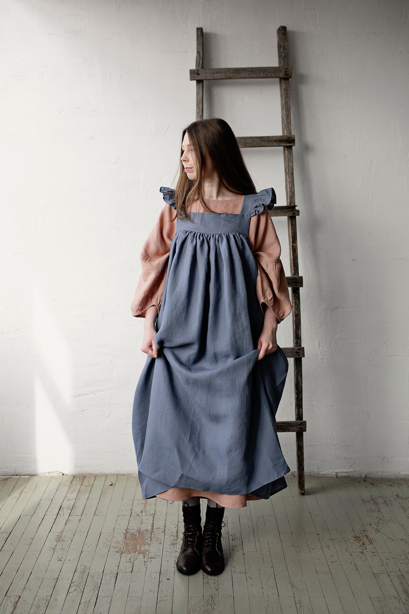 Dusty Blue Prairie Dress Linen Dress With Flutter Sleeves - Etsy