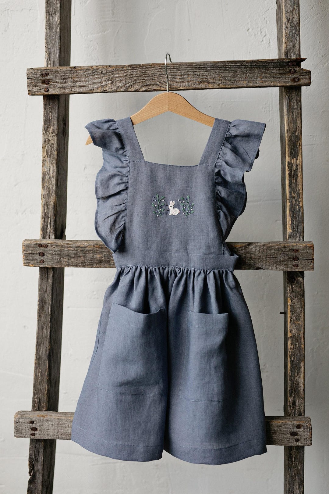 Dusty Blue Linen Pinafore Dress With Wings Embroidery - Etsy