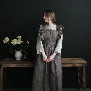Brown Stripe Long Vintage Apron, Linen Pinafore With Wings, Linen Apron, Victorian Maids Apron ...