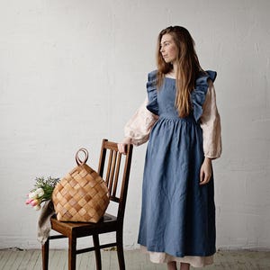 Dusty Blue Long Vintage Apron, Linen Pinafore With Wings, Linen Apron, Victorian Maids Apron ...